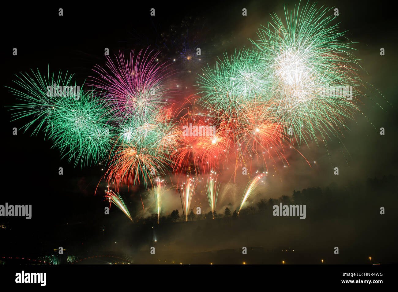 Great fireworks celebration of new year on dark night sky. Full of ...