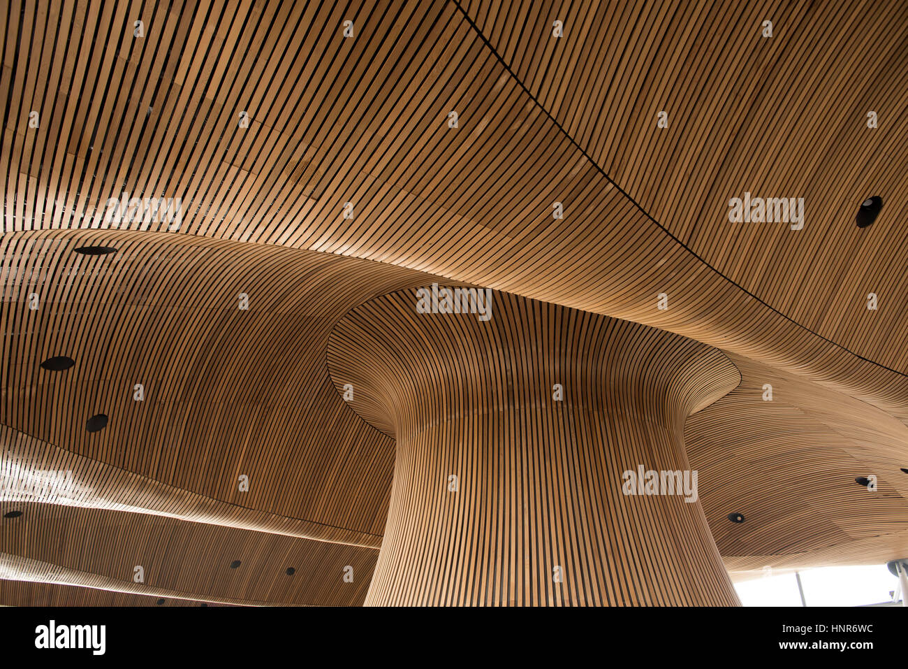 A general view of interior woodwork on the ceiling and funnel of the ...