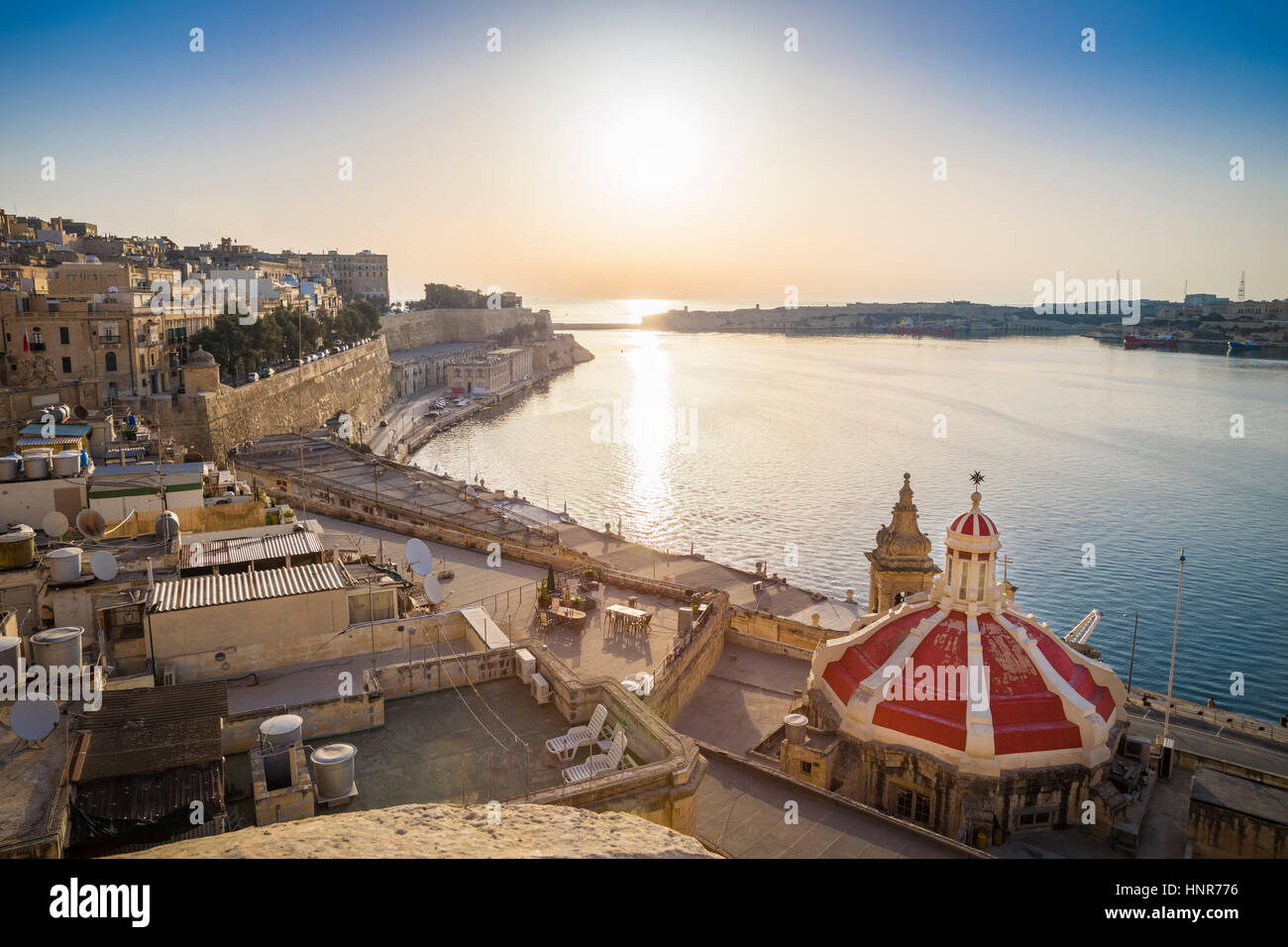 Valletta, Malta - Sunrise in Malta with the ancient walls of Valletta ...