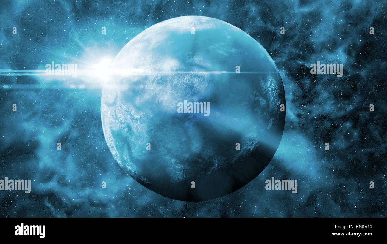 sunrise over a beautiful planet - space scene in shades of blue Stock ...