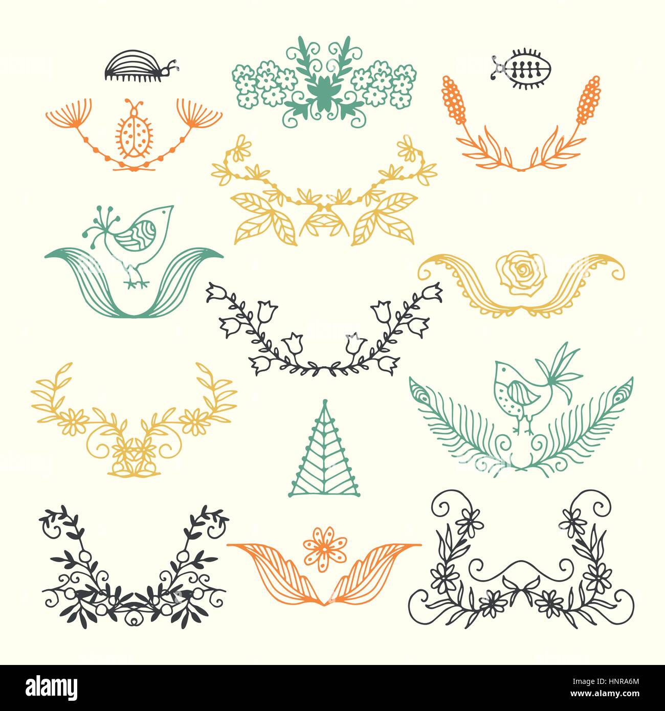 vector set of summer elements. painted by hand. flowers, leaves ...