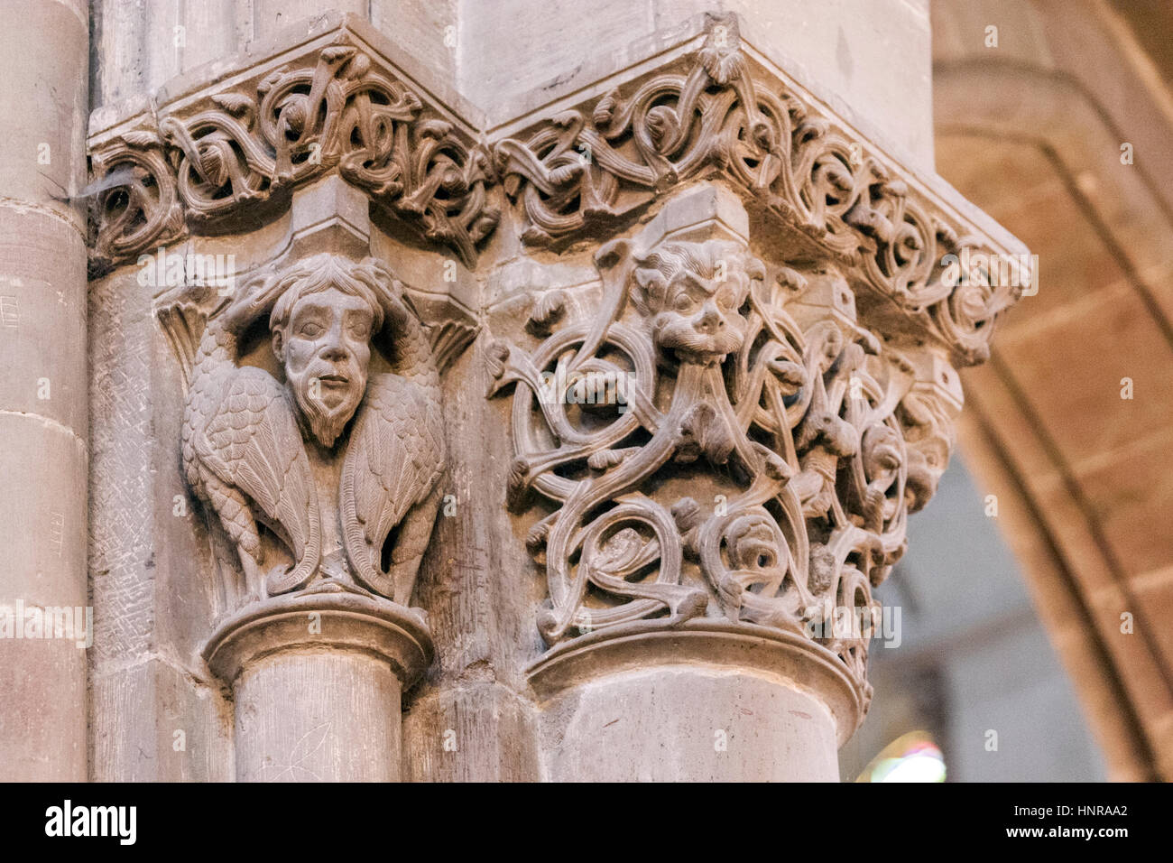 Stone carved capitals in St. Pierre Cathedral, Geneva, Switzerland ...