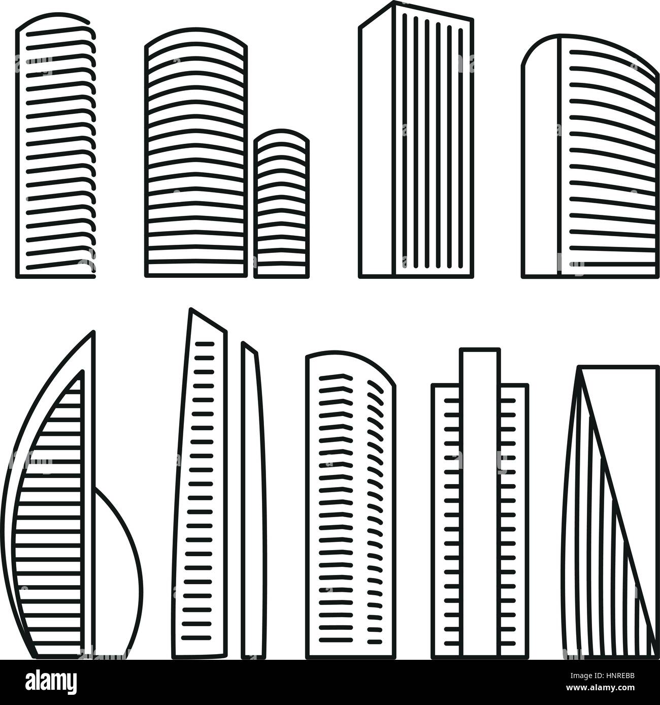 Isolated black and white color skyscrapers in lineart style icons ...