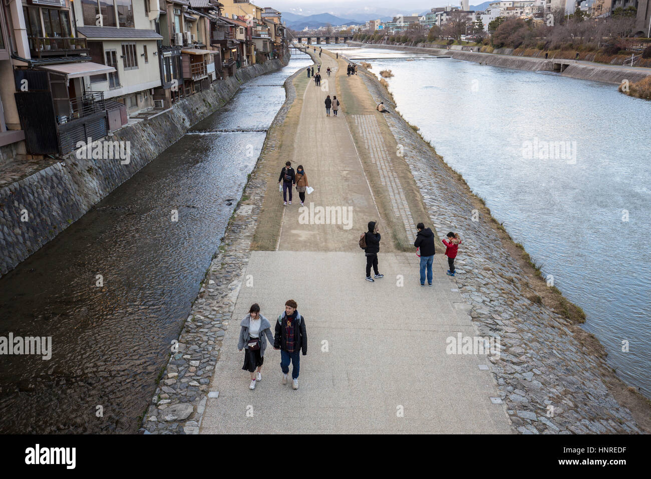 View of the Kamo River from Shijo bridge , Kyoto . Shijo bridge spands ...