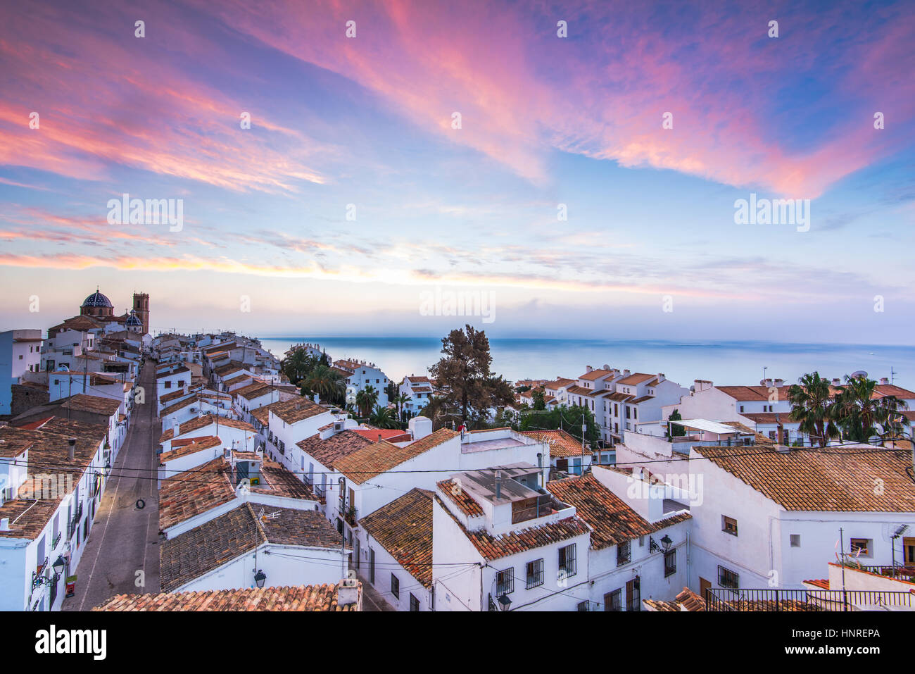 Altea white houses at sunset in Costa Blanca, Spain Stock Photo - Alamy