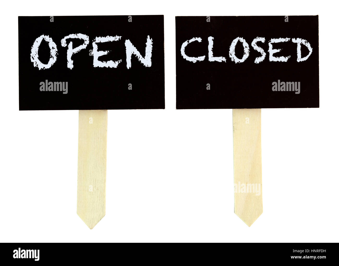 OPEN CLOSED chalkboard signs on wooden stakes. Isolated Stock Photo - Alamy