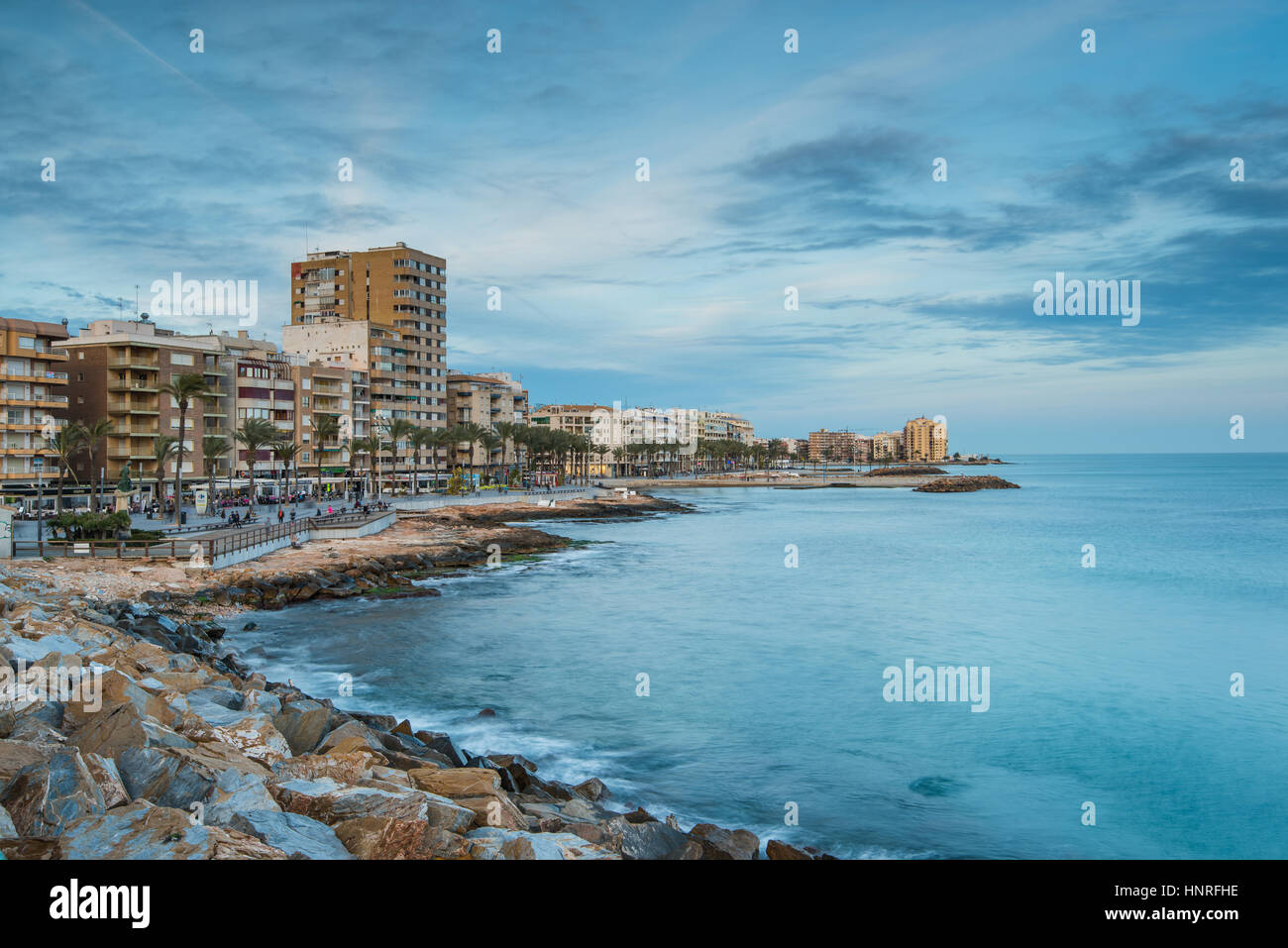 Cityscape of Torrevieja in Spain, popular tourist destination. Evening ...