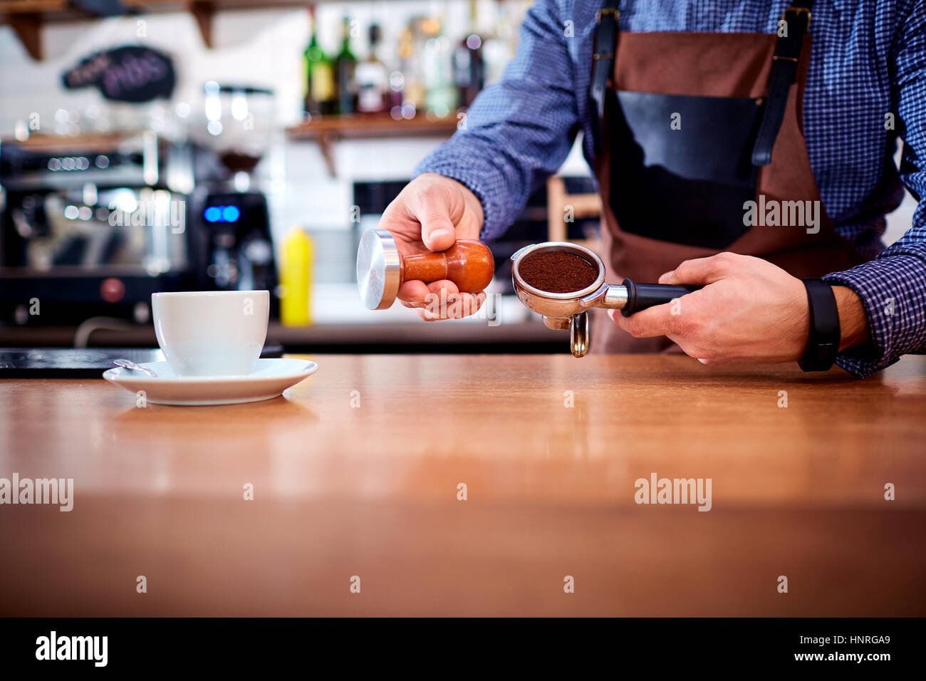 Hands bartender baristas make coffee cocoa cappuccino Stock Photo - Alamy
