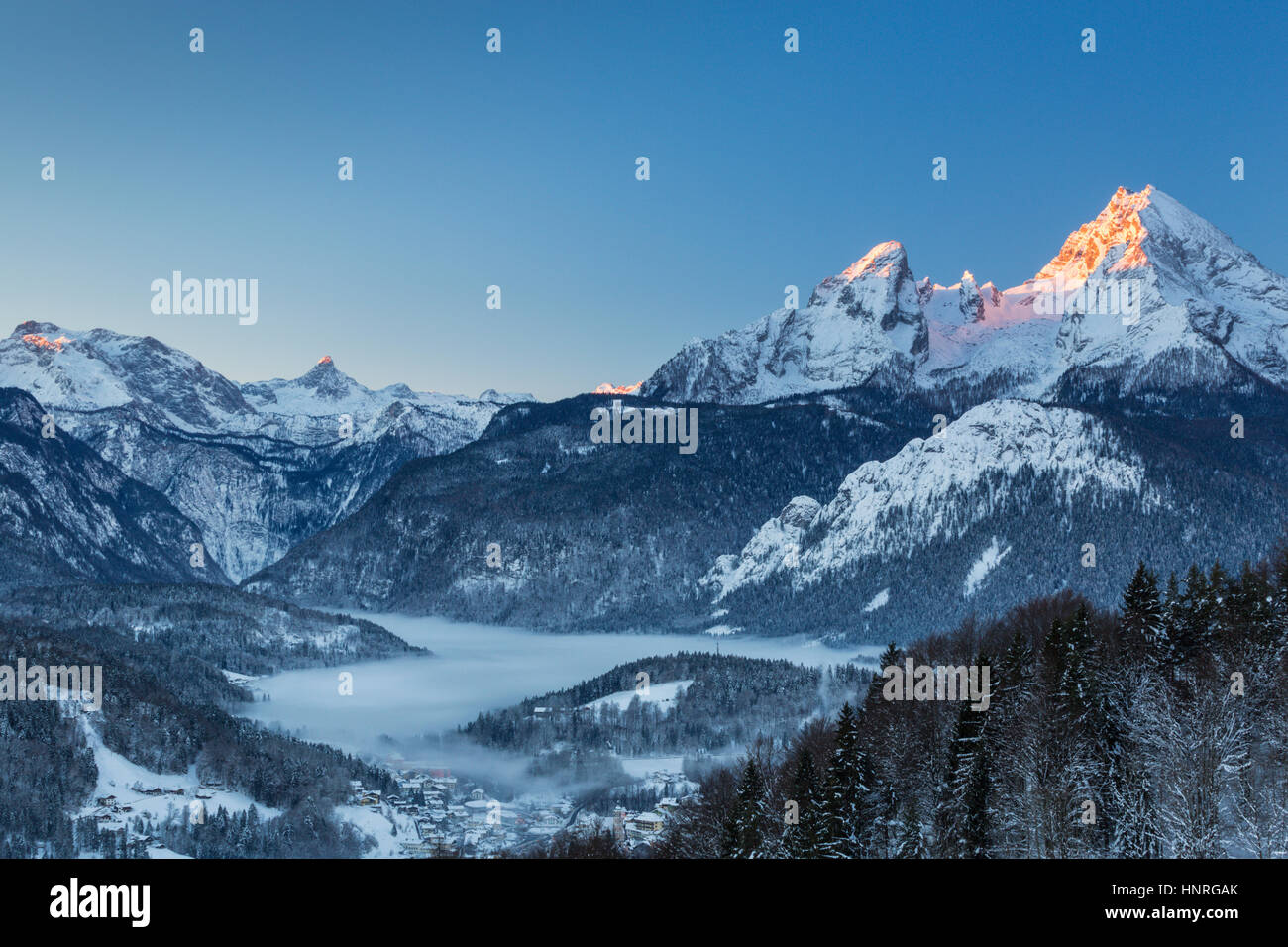 City between Mountains in Winter, Watzmann, Maria Gern, Berchtesgaden ...
