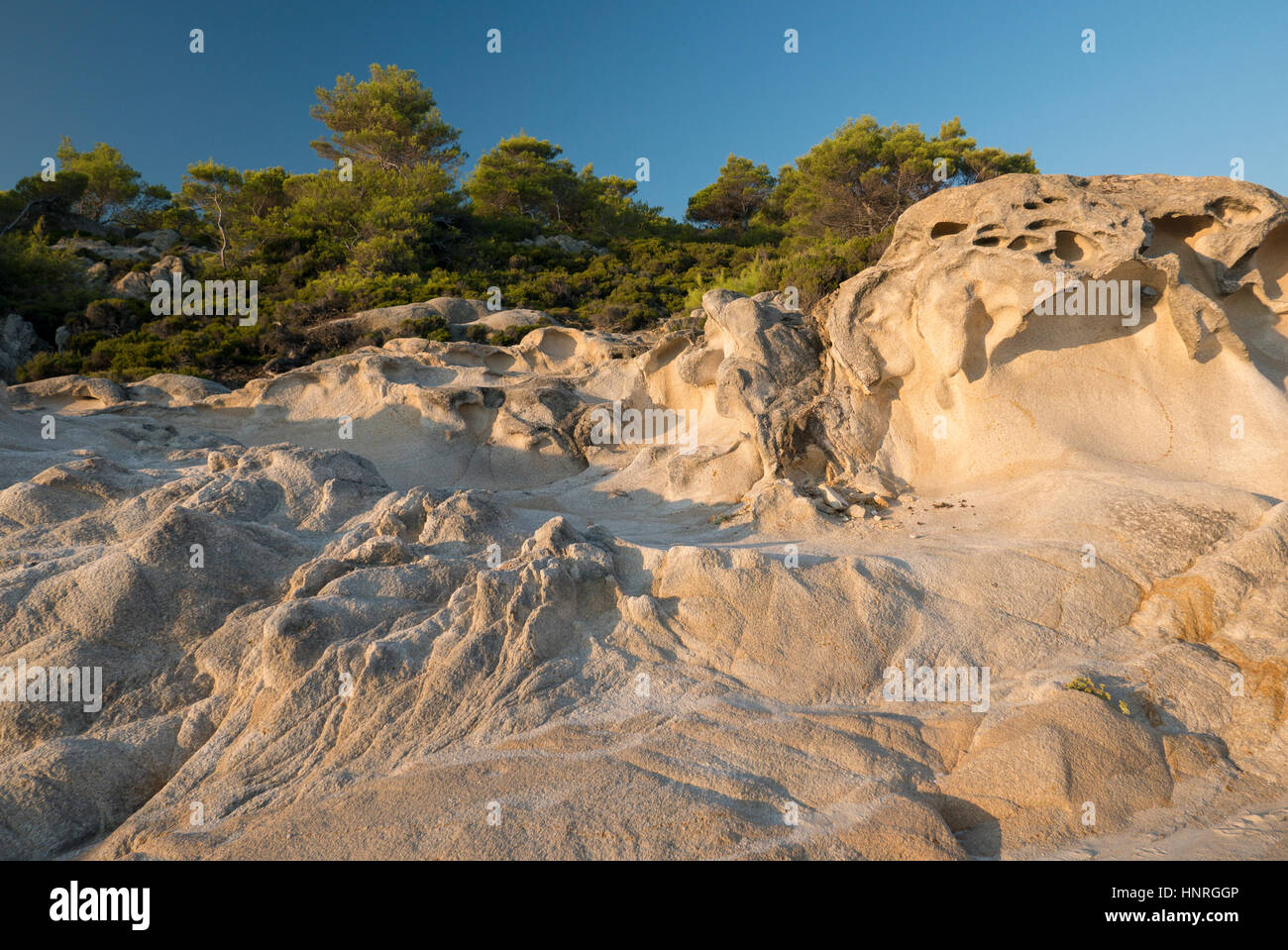 Unusual rock formations with strange shapes along the coast of Sythonia ...
