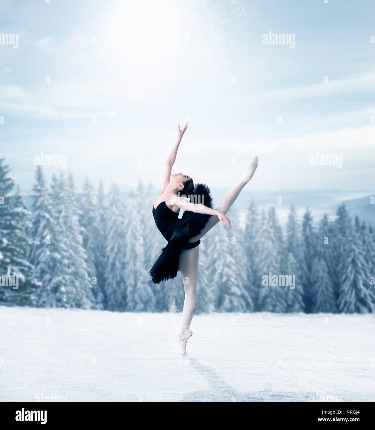 Graceful female ballet dancer stretching, winter snowy forest on ...
