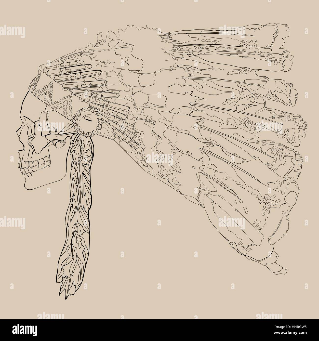 Vector illustration, hand drawing of a human skull in a headdress ...