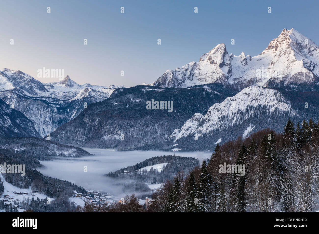 City between Mountains in Winter, Watzmann, Maria Gern, Berchtesgaden ...