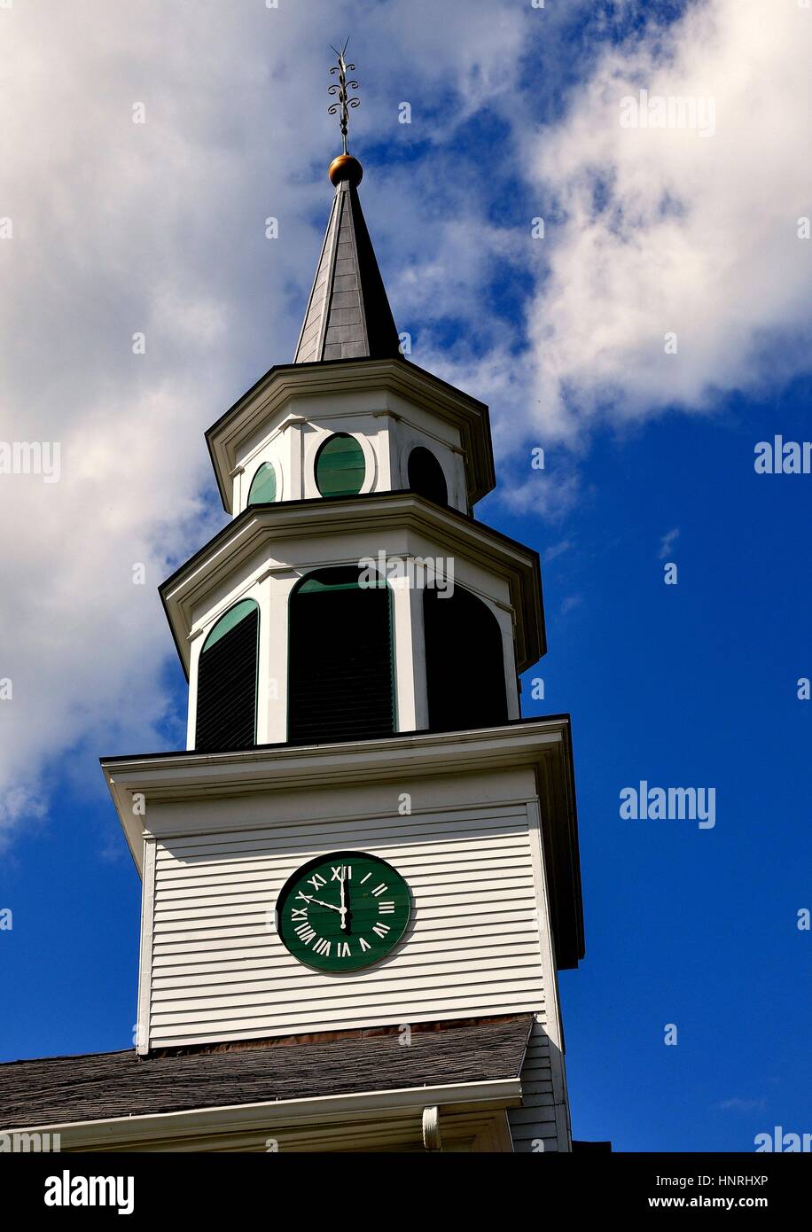 Spencertown, NY - September 17, 2014: Clock and steeple with hexagonal ...