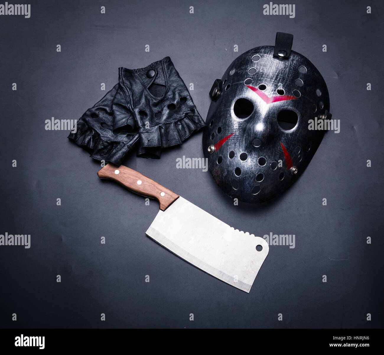Crazy psycho man instruments isolated on black background. Hockey mask ...