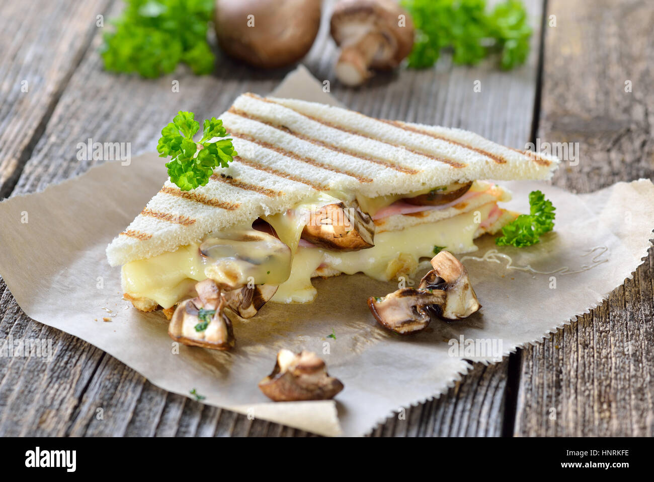 Pressed and toasted double panini with ham, cheese and mushrooms served ...