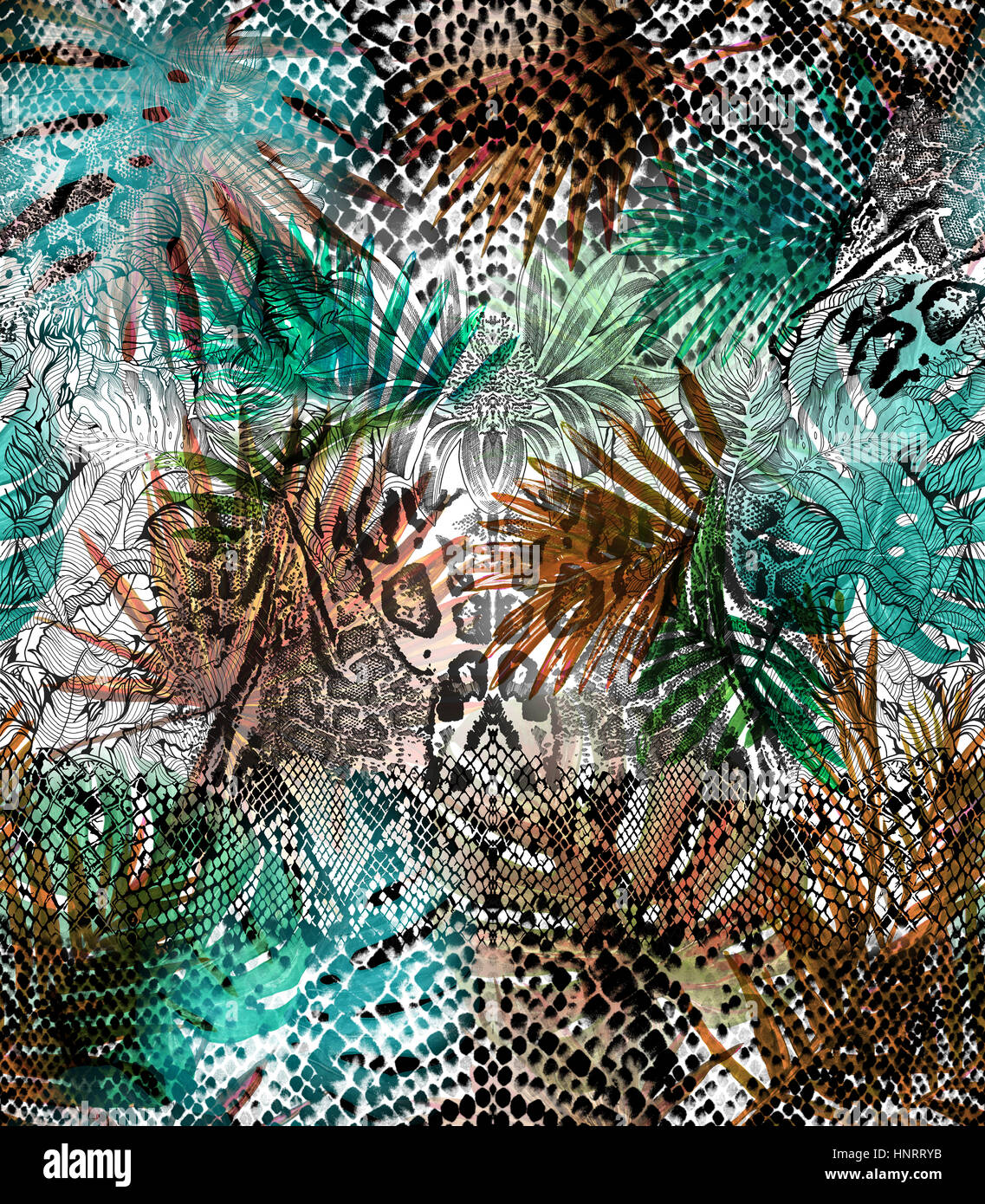 tropical leaves combined with animal skin Stock Photo - Alamy