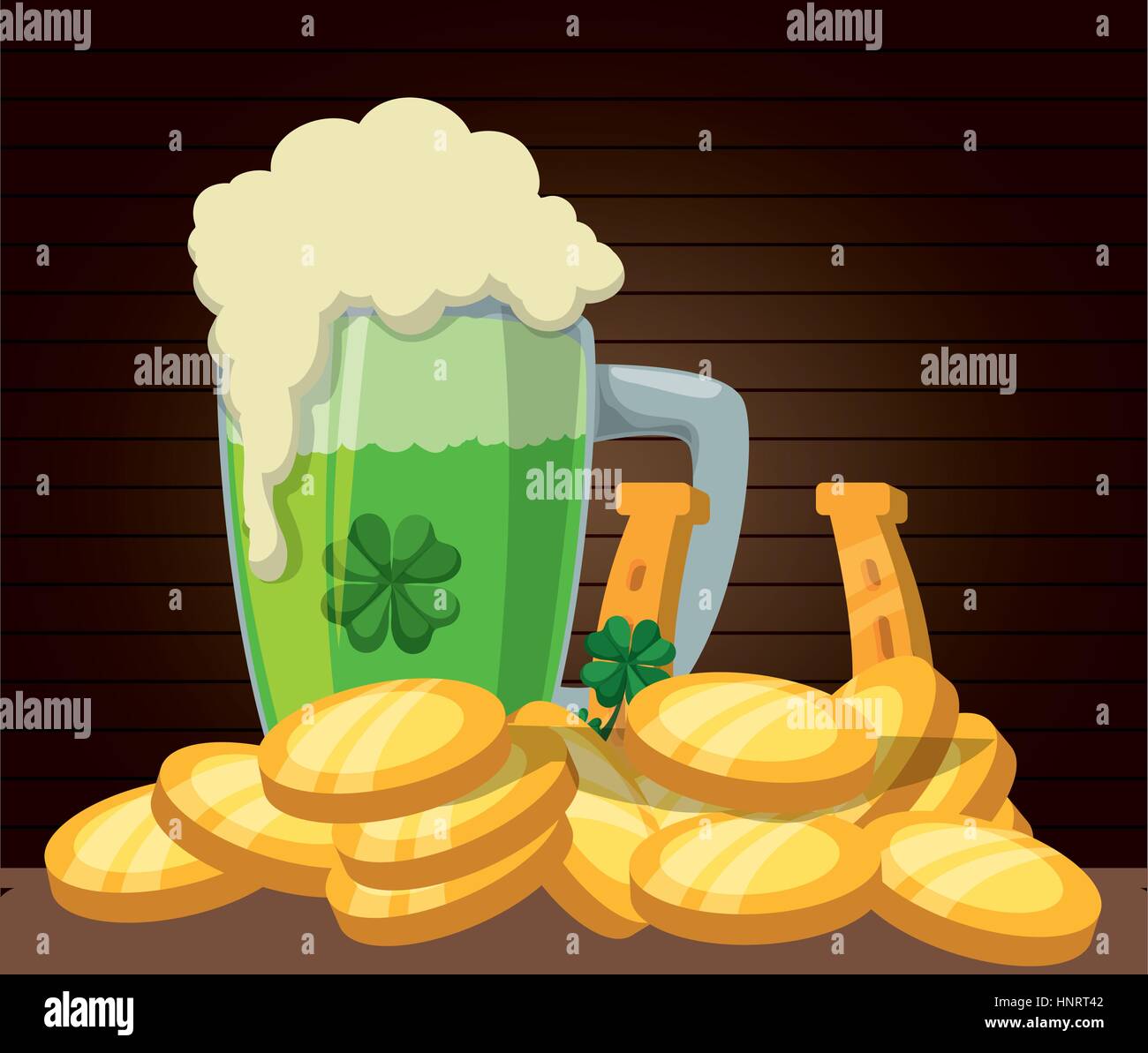 green beer gold coins horseshoe wooden background vector illustration ...