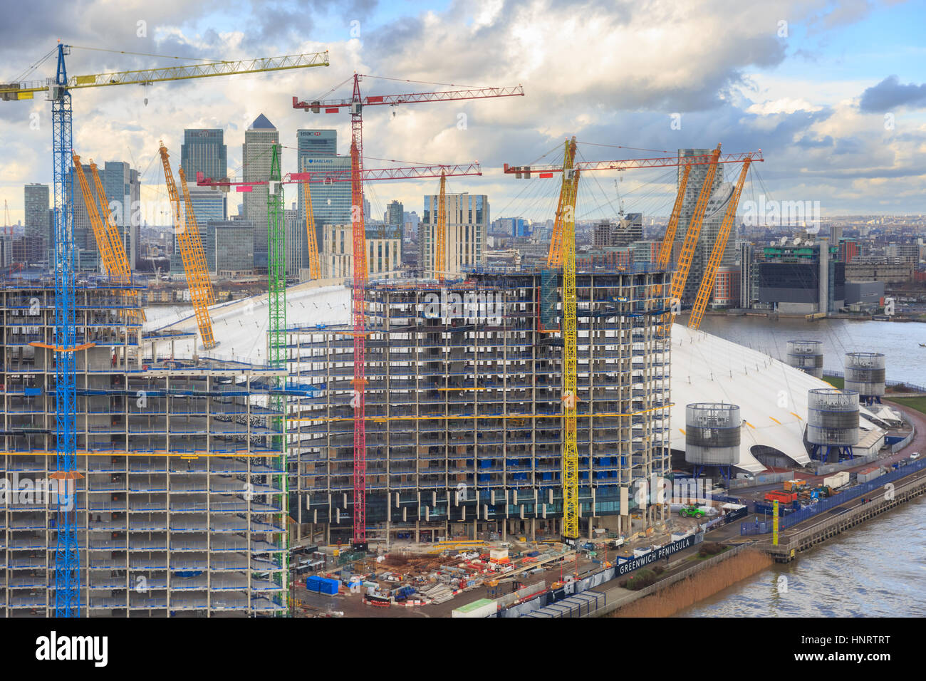 View across the construction sites at the 02 Arena amd Canary Wharf in ...