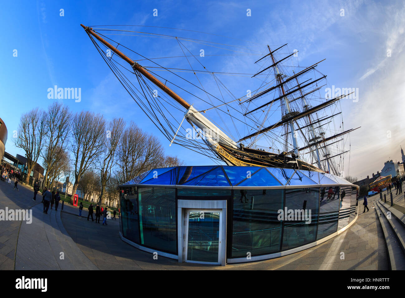 Fish eye lens view of the Cutty Sark clipper ship exerior and visitor ...