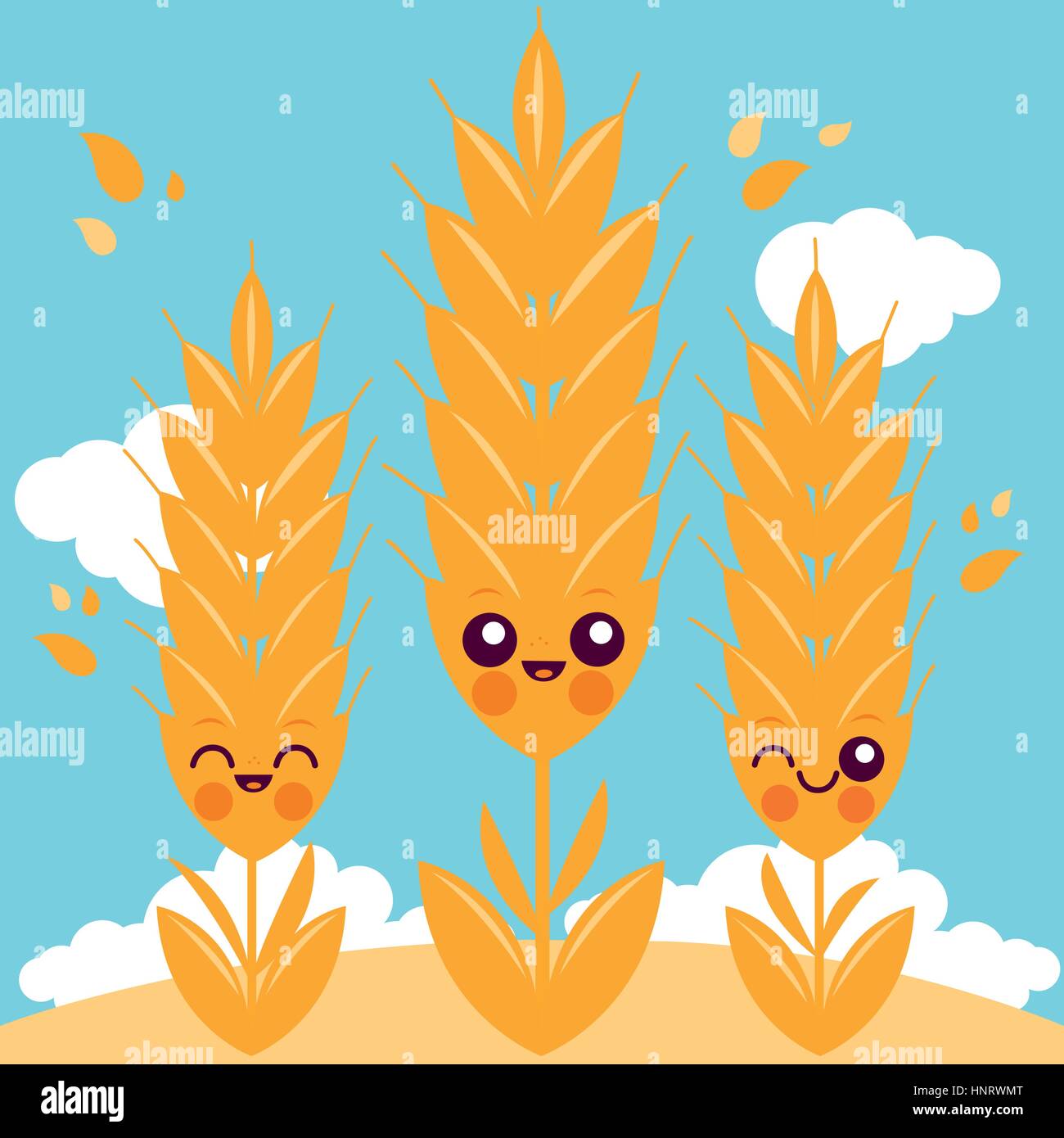 Farm field with cartoon wheat characters. Cereal harvest. Vector ...