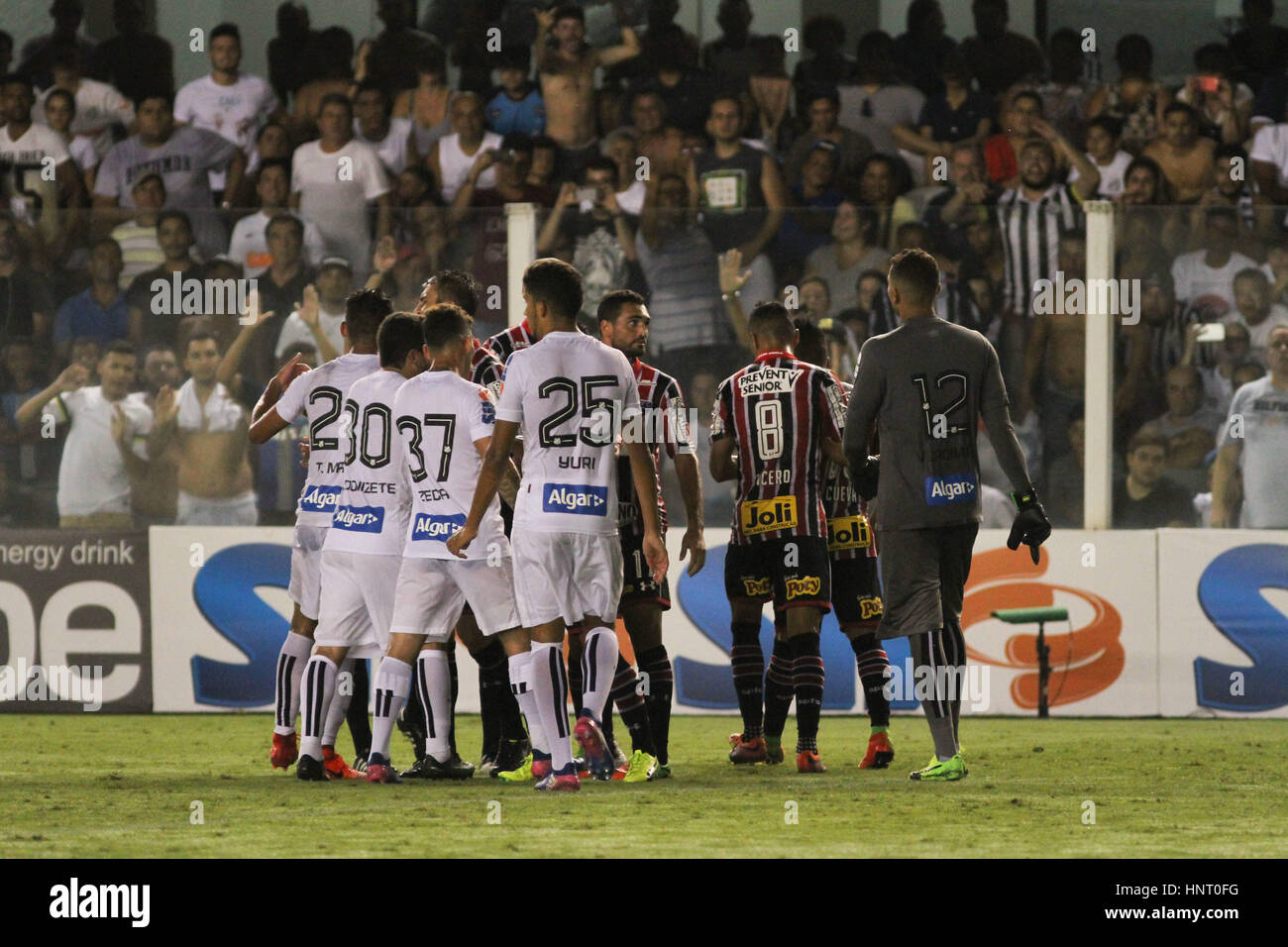 Santos, Brazil. 15th Feb, 2017. Confusion among the players after the ...