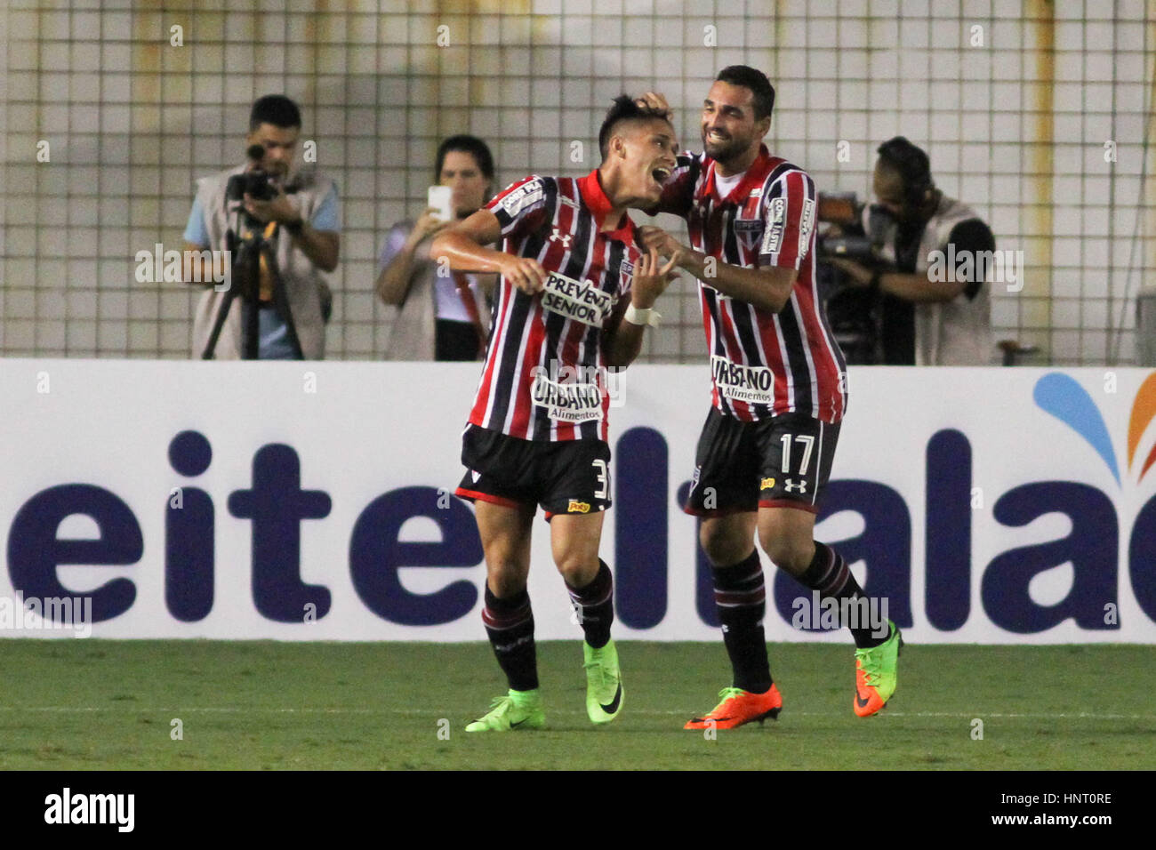 Santos, Brazil. 15th Feb, 2017. Luiz Araújo goal celebration during the ...