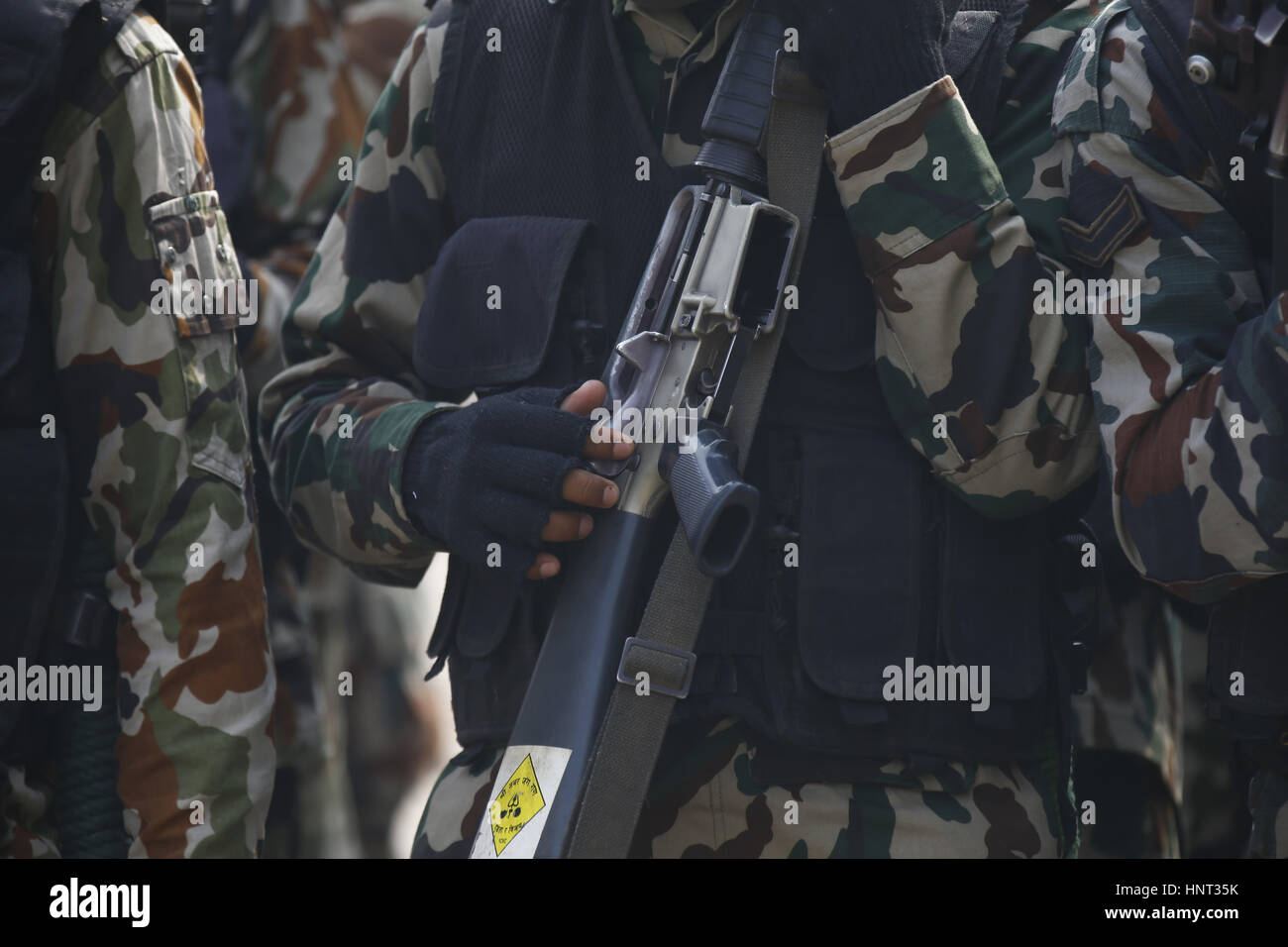 Kathmandu, Nepal. 16th Feb, 2017. A Nepalese Army Soldier holds his ...