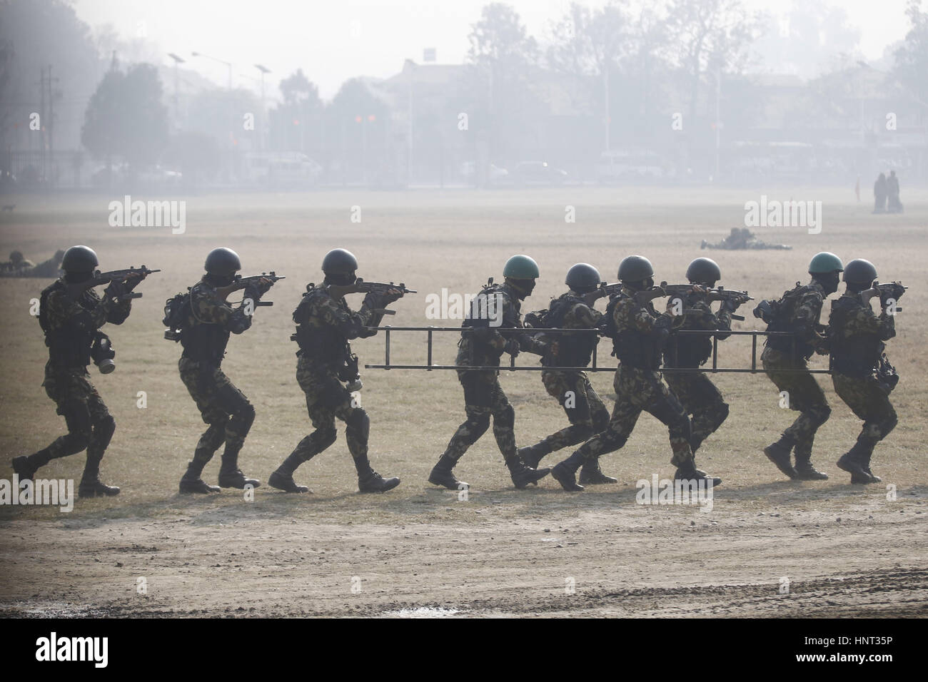 Kathmandu, Nepal. 16th Feb, 2017. Nepalese Army Soldiers head to their ...