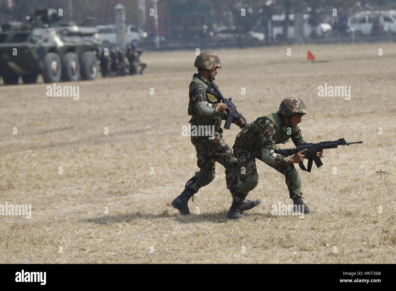Kathmandu, Nepal. 16th Feb, 2017. Nepalese Army Soldiers take positions ...