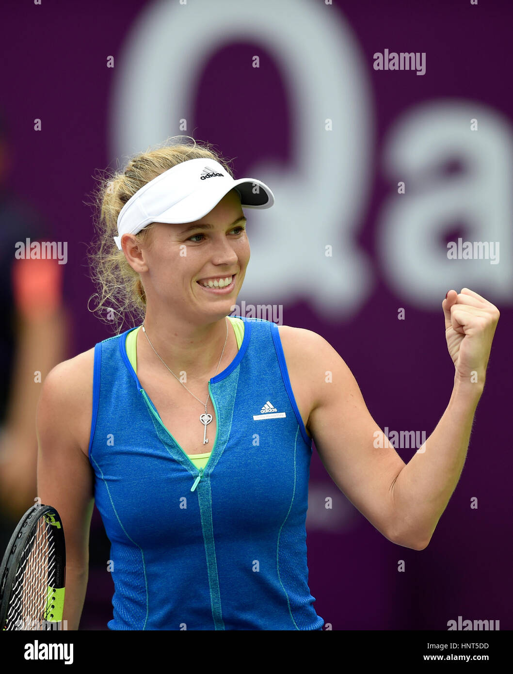 Doha, Qatar. 16th Feb, 2017. Caroline Wozniacki of Denmark celebrates ...