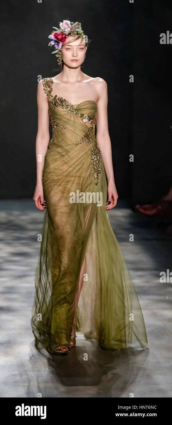 New York, USA. 15th Feb, 2017. A model walks runway for the Marchesa ...