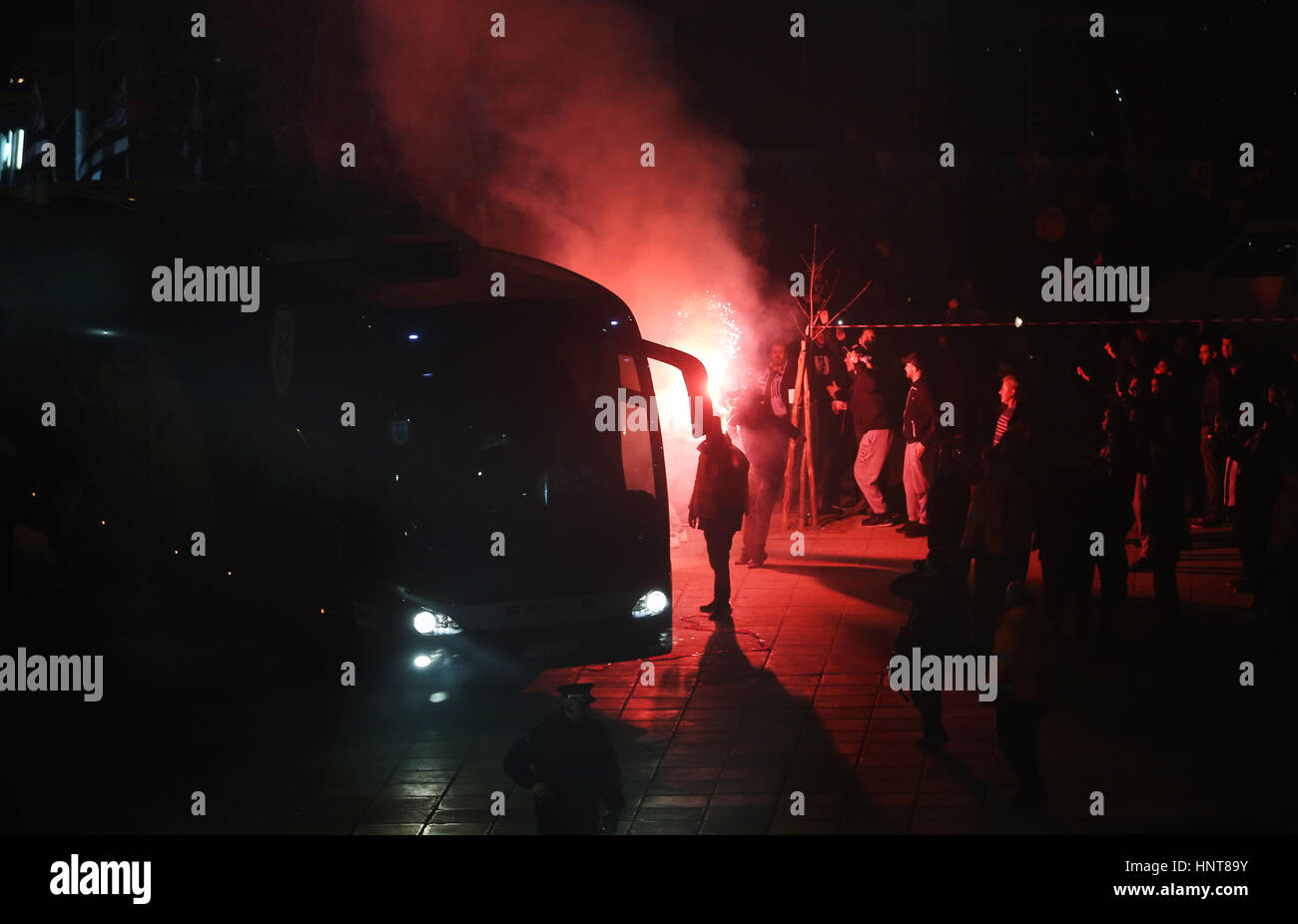 Thessaloniki, Greece. 16th Feb, 2017. PAOK fans light pyrotechnics ...