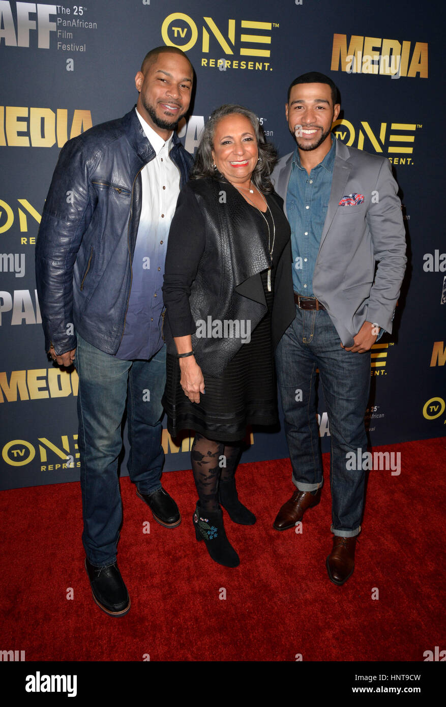 LOS ANGELES, CA- FEBRUARY 15: Morocco Omari, Cathy Hughes, Blue Kimble ...