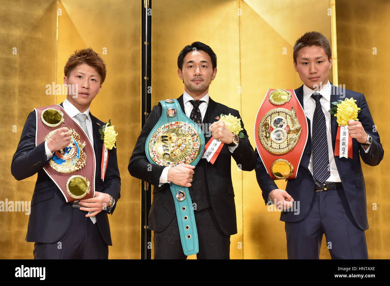 Tokyo, Japan. 10th Feb, 2017. (L-R) Naoya Inoue, Shinsuke Yamanaka, Yukinori Oguni Boxing ...