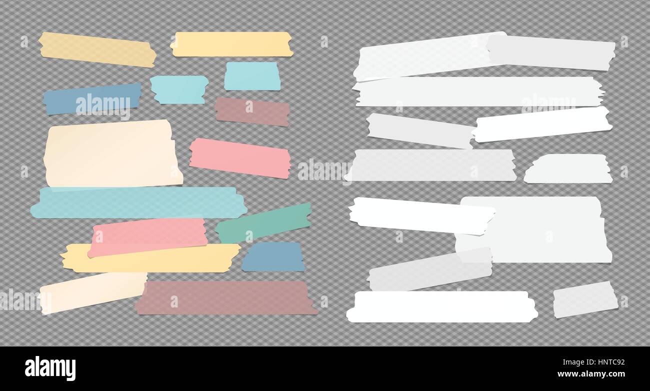 Colorful and white ripped sticky, adhesive masking tape, note paper ...