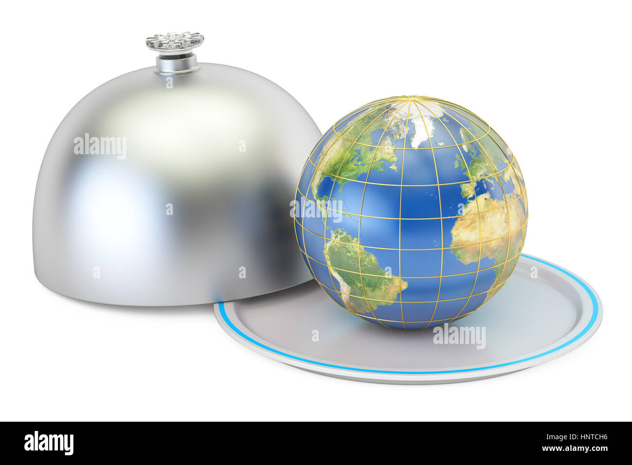 Earth globe on a platter with open lid, 3D rendering isolated on white ...