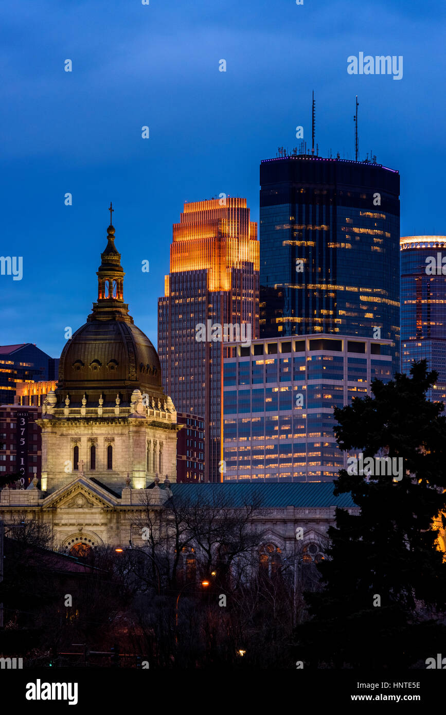 Minneapolis skyline at sunset with the Basilica, IDS Tower, and Wells ...