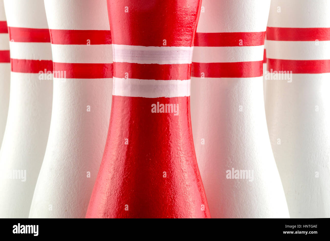 Extreme close up of arrangement of wooden ten pin bowling pins patterns ...