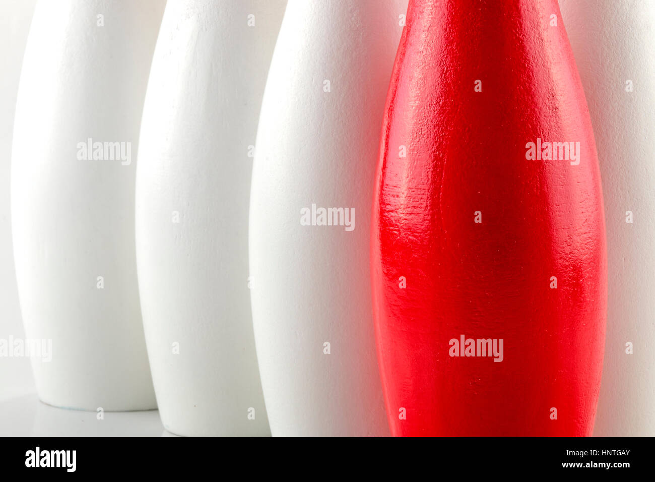 Extreme close up of arrangement of wooden ten pin bowling pins patterns ...