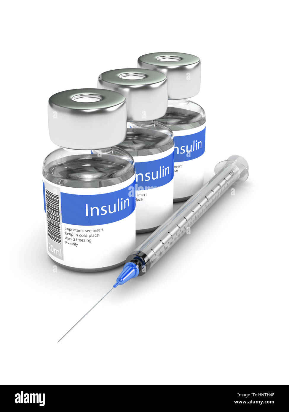 3d rendering of insulin vials and syringe isolated over white ...