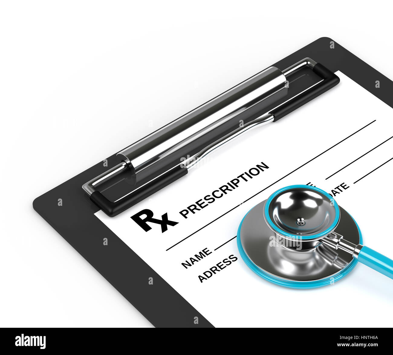3d rendering of rx prescription and stethoscope over white background ...