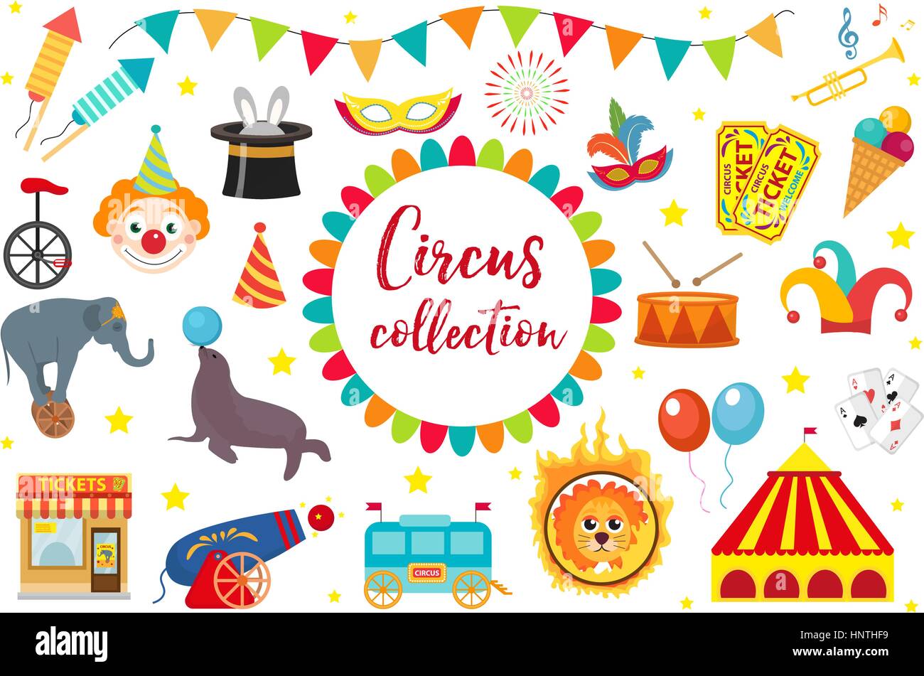 Circus Collection, flat, cartoon style. Set isolated on a white ...