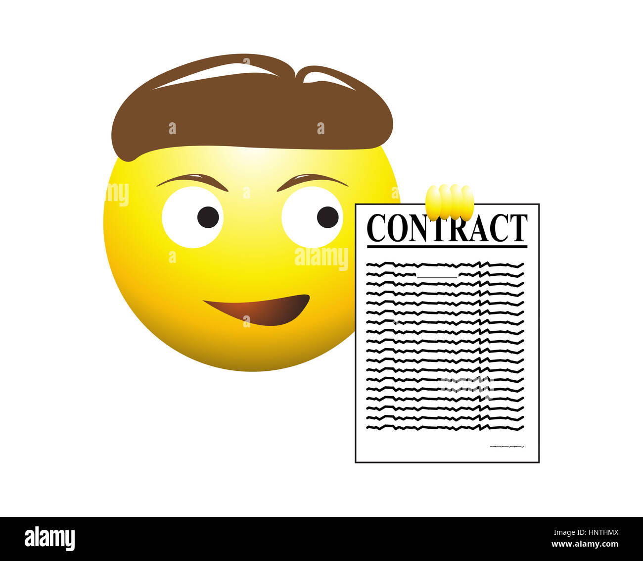 A business man holding a contract emoticon isolated on a white ...