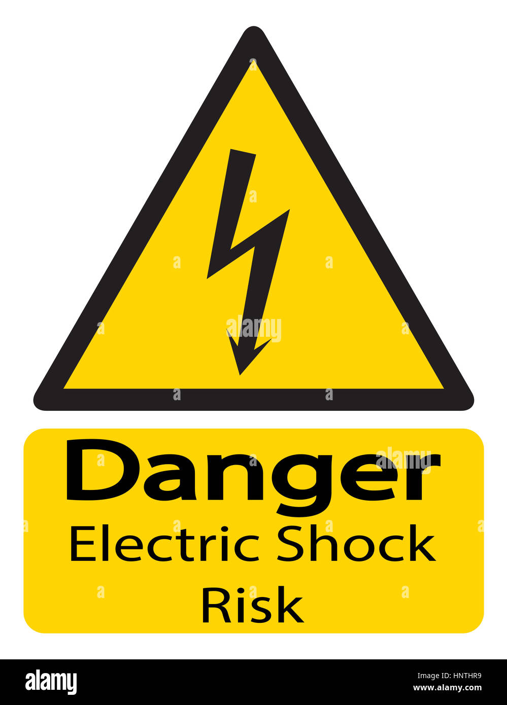 A triangular yellow shock warning sign with text isolated on a white ...