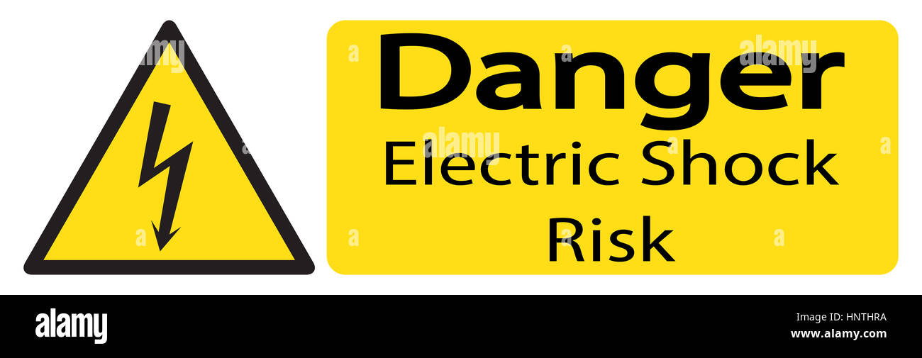 A triangular yellow shock warning sign with text isolated on a white ...