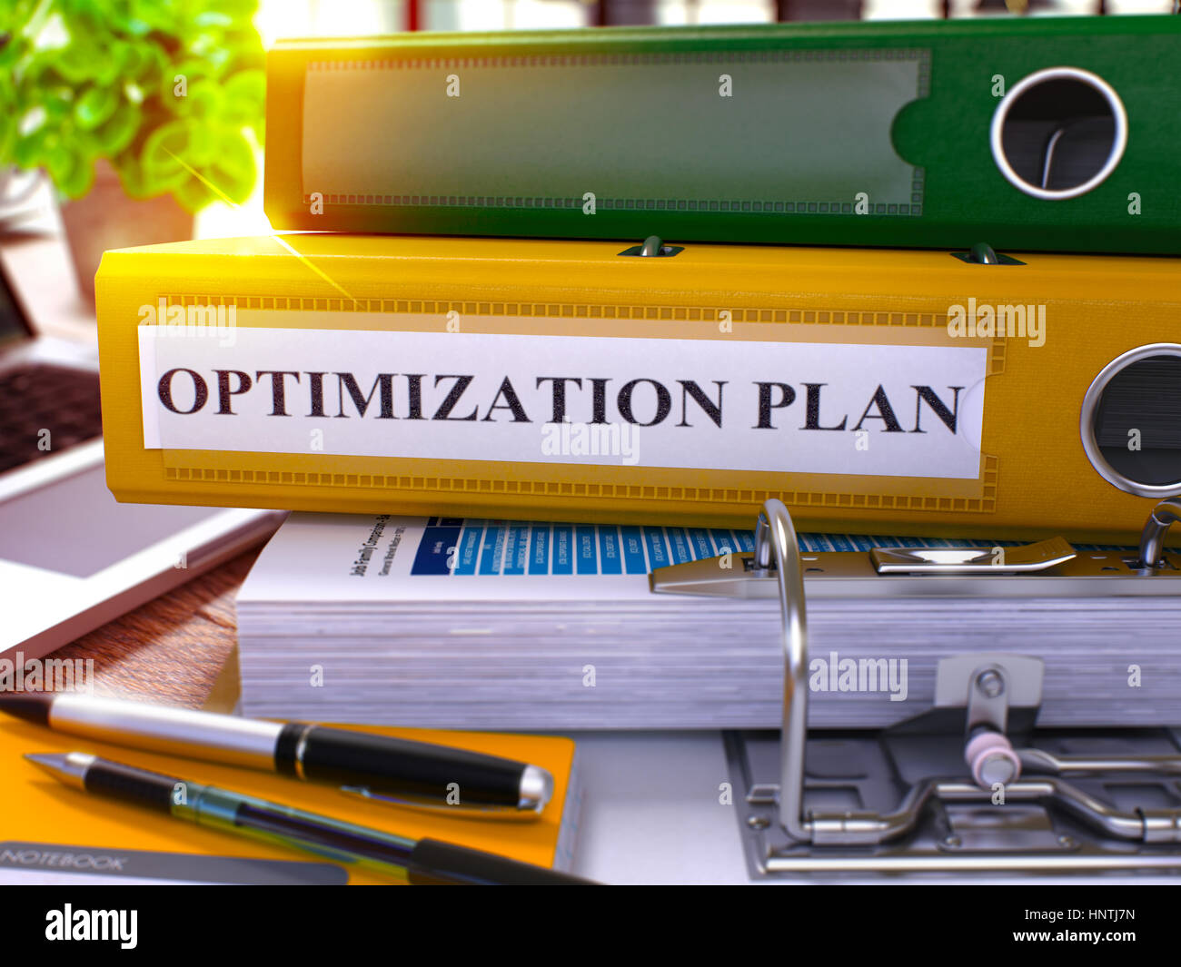 Optimization Plan on Yellow Office Folder. Toned Image. 3D Stock Photo ...