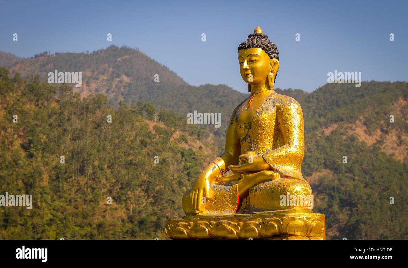 Golden Statue of Budhda with background of green forest and blue sky ...