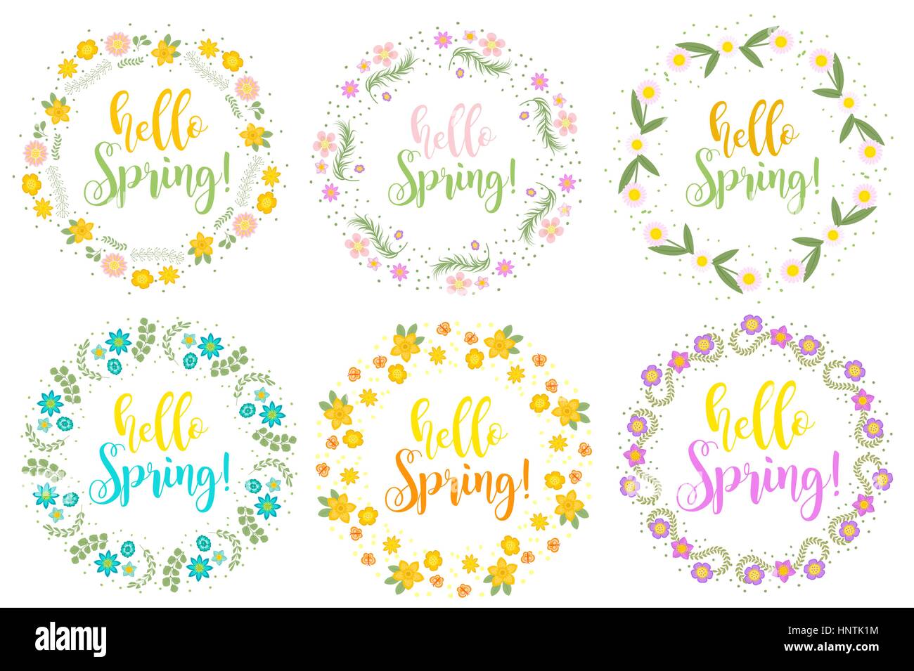 Hello Spring set floral frame for text, isolated on white background ...