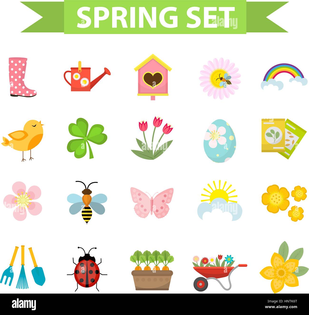 Spring icons set, flat style. Gardening cute collection of design ...